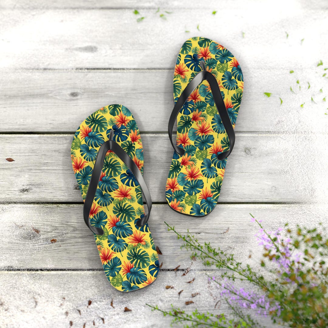 Yellow Monstera Hawaiian Slippers, Slippahs, Tropical Sandals, Hawaiian ...