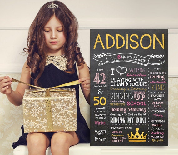 6th birthday chalkboard sign Girls photo prop gold | Etsy
