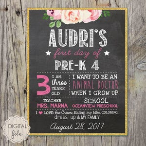 Girls First Day of Preschool Sign - DIGITAL FILE! - Etsy