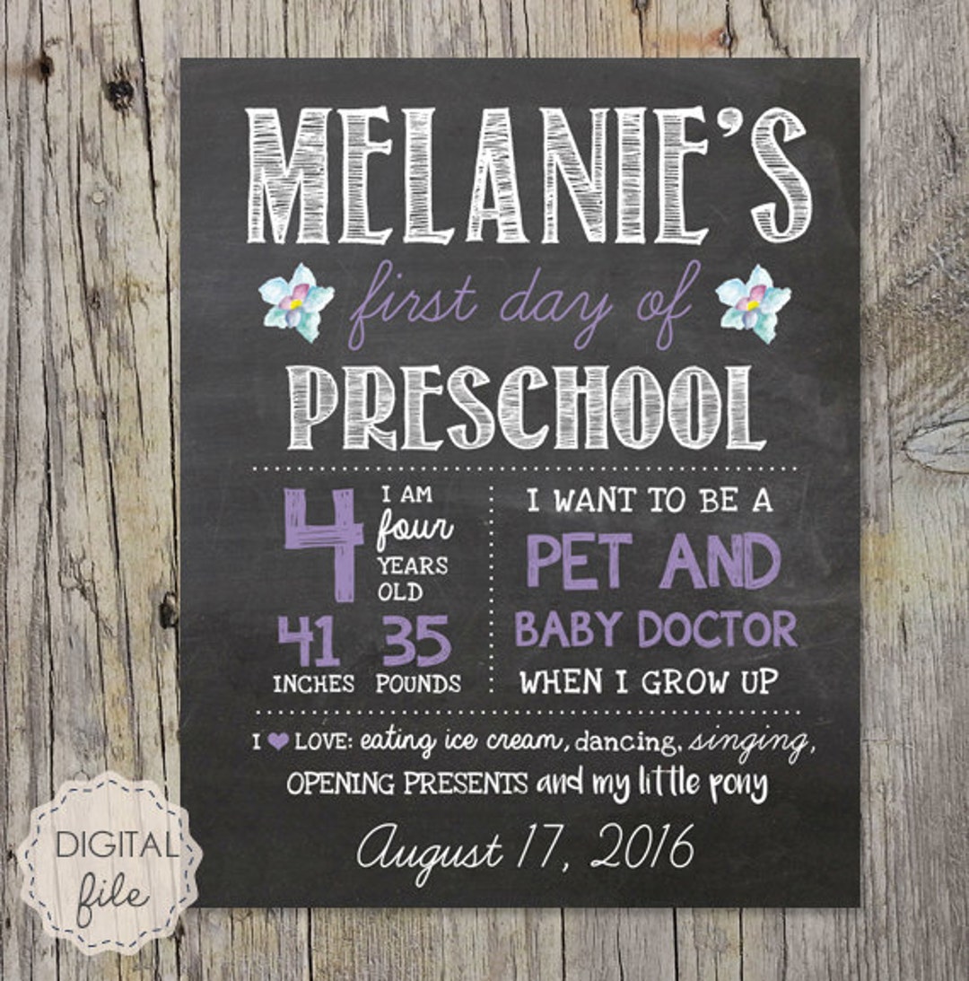 Girls First Day of Preschool Sign - Personalized Preschool Photo Prop ...