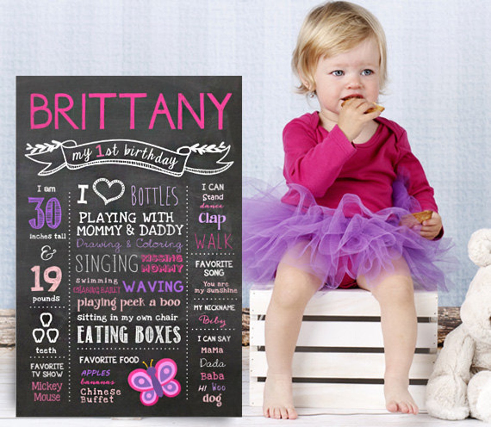 First Birthday Chalkboard Printable Poster Butterfly Pink - Etsy