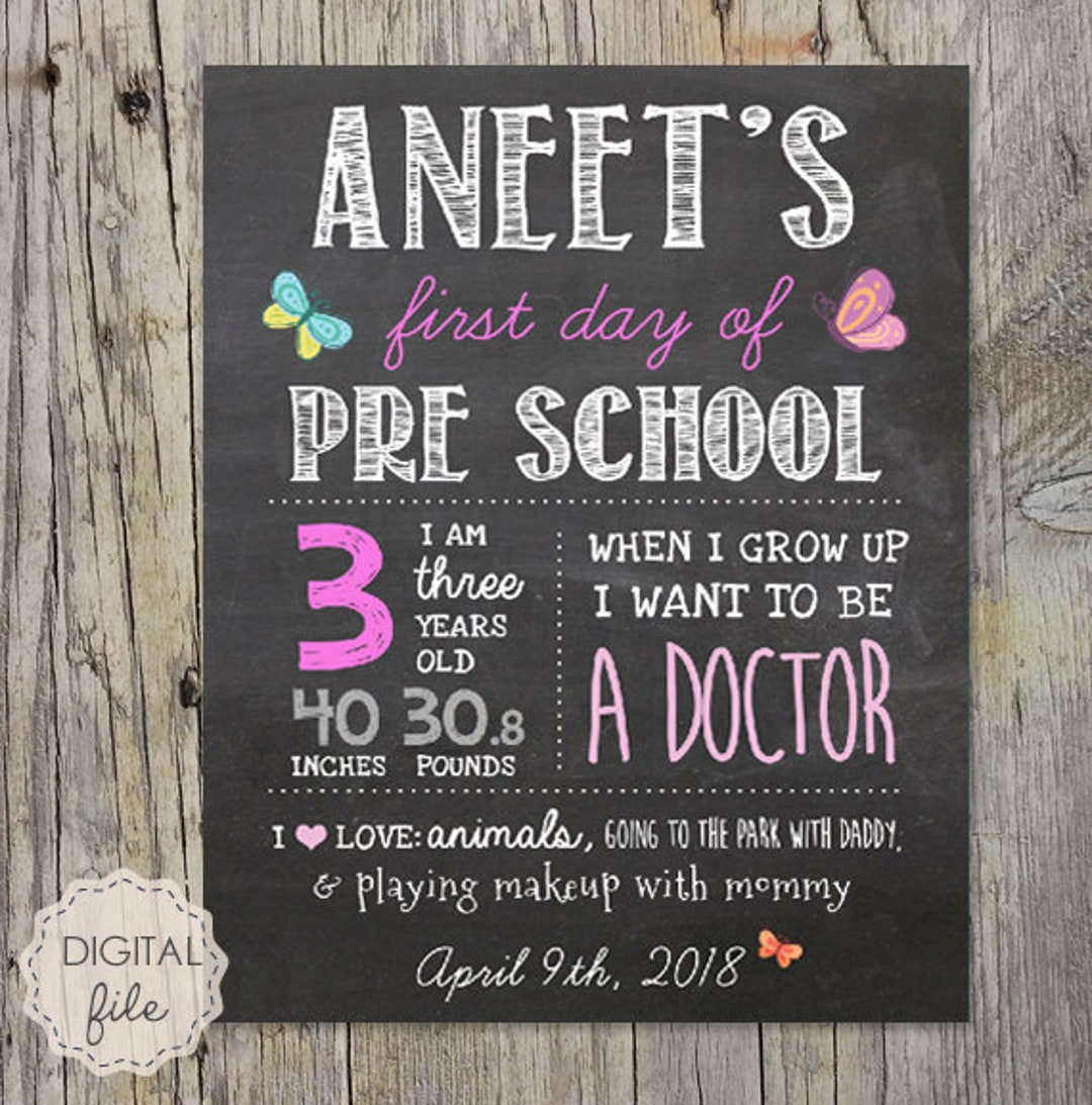 Girls First Day of Preschool Sign - Butterflies Theme - Personalized ...