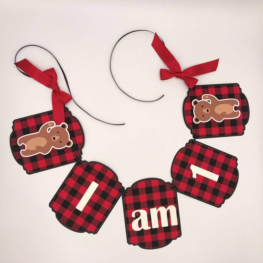 Buffalo Plaid First Birthday Banner: Red, Black, and Bear - Etsy
