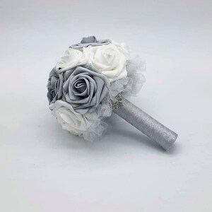 White and Silver Wedding Bouquet Made With Real Touch Roses, Bridal ...