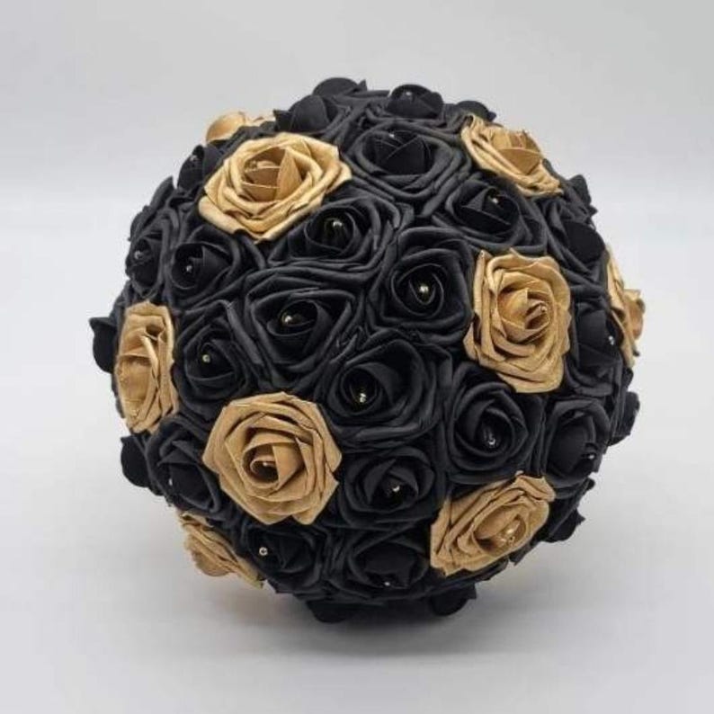 Black and Gold Wedding Bouquet Made With Real Touch Roses, Bridal ...