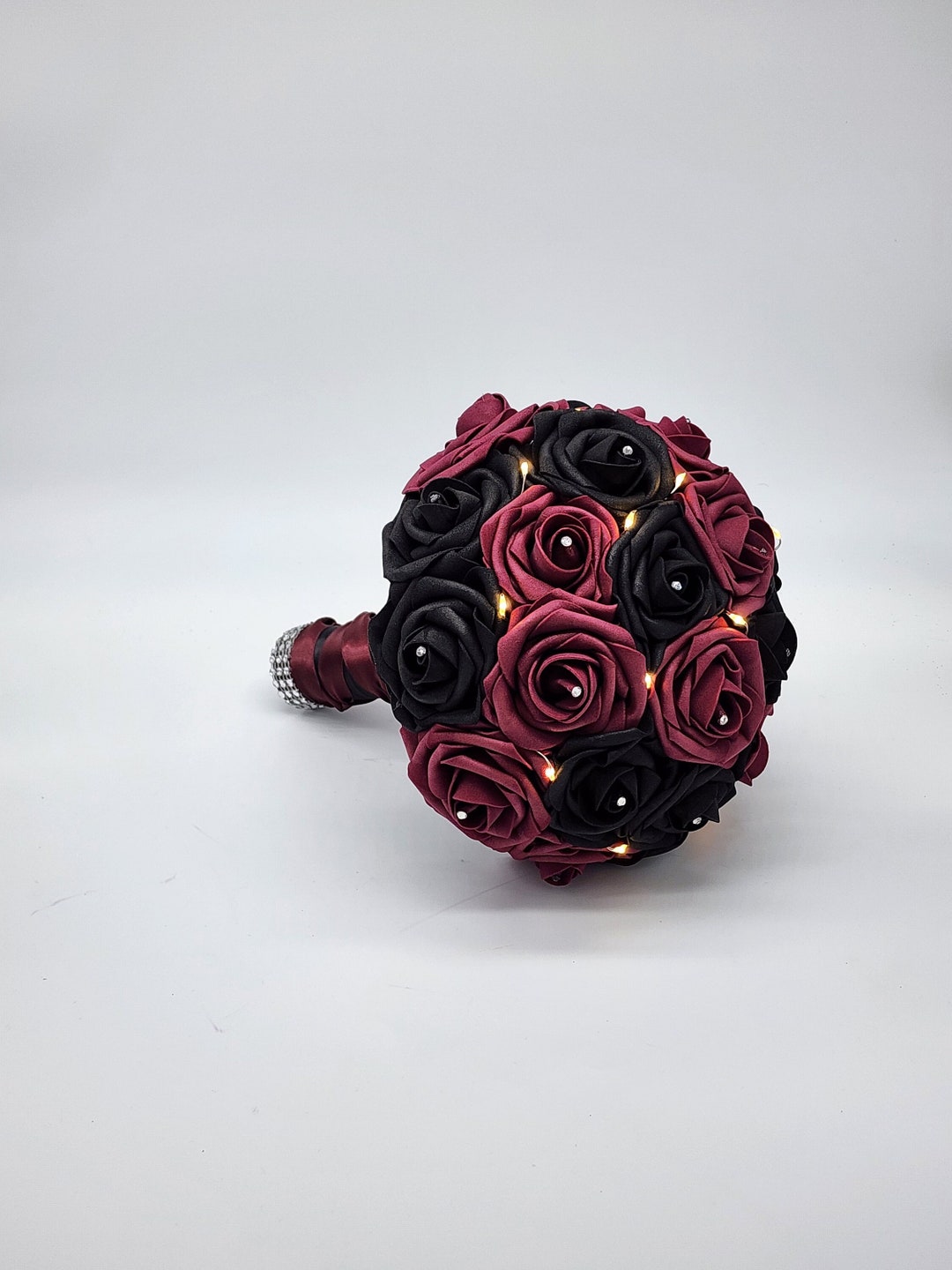 Burgundy and Black Bridal Bouquet, Fairy Lights,night Bouquet,light up ...