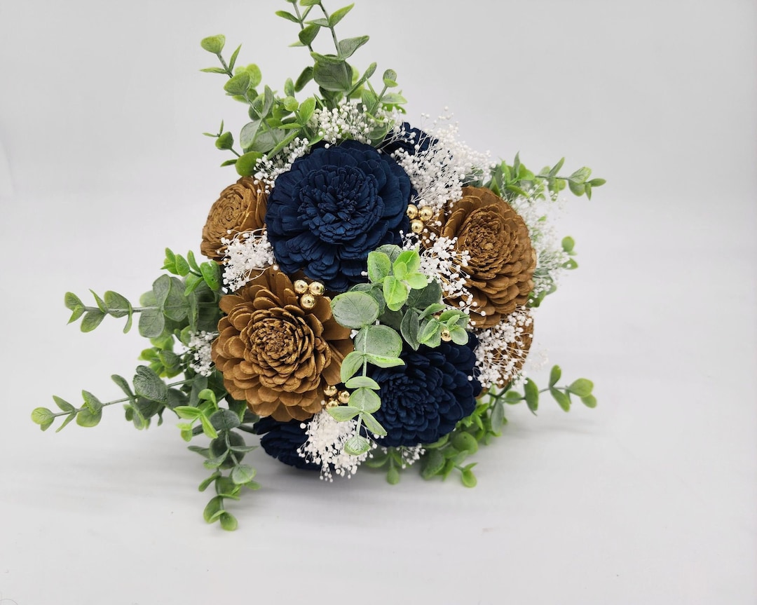 Navy Blue and Gold Sola Flower Bouquet With Rose Gold Balls and ...