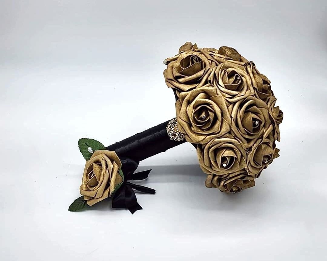 Gold and Black Wedding Bouquet Made With Real Touch Roses, Bridal ...
