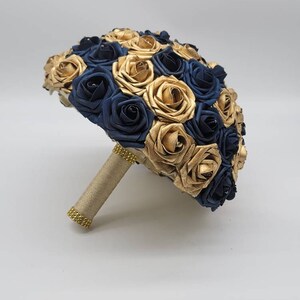 Gold and Navy Wedding Bouquet Made With Real Touch Roses, Bridal ...