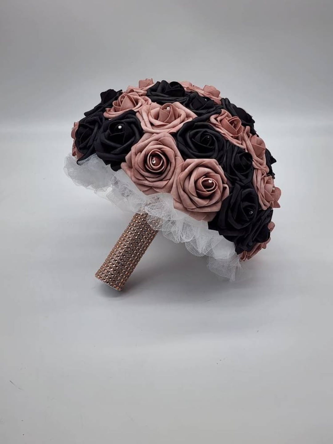 Dusty Rose and Black Wedding Bouquet Made With Real Touch Roses, Bridal ...
