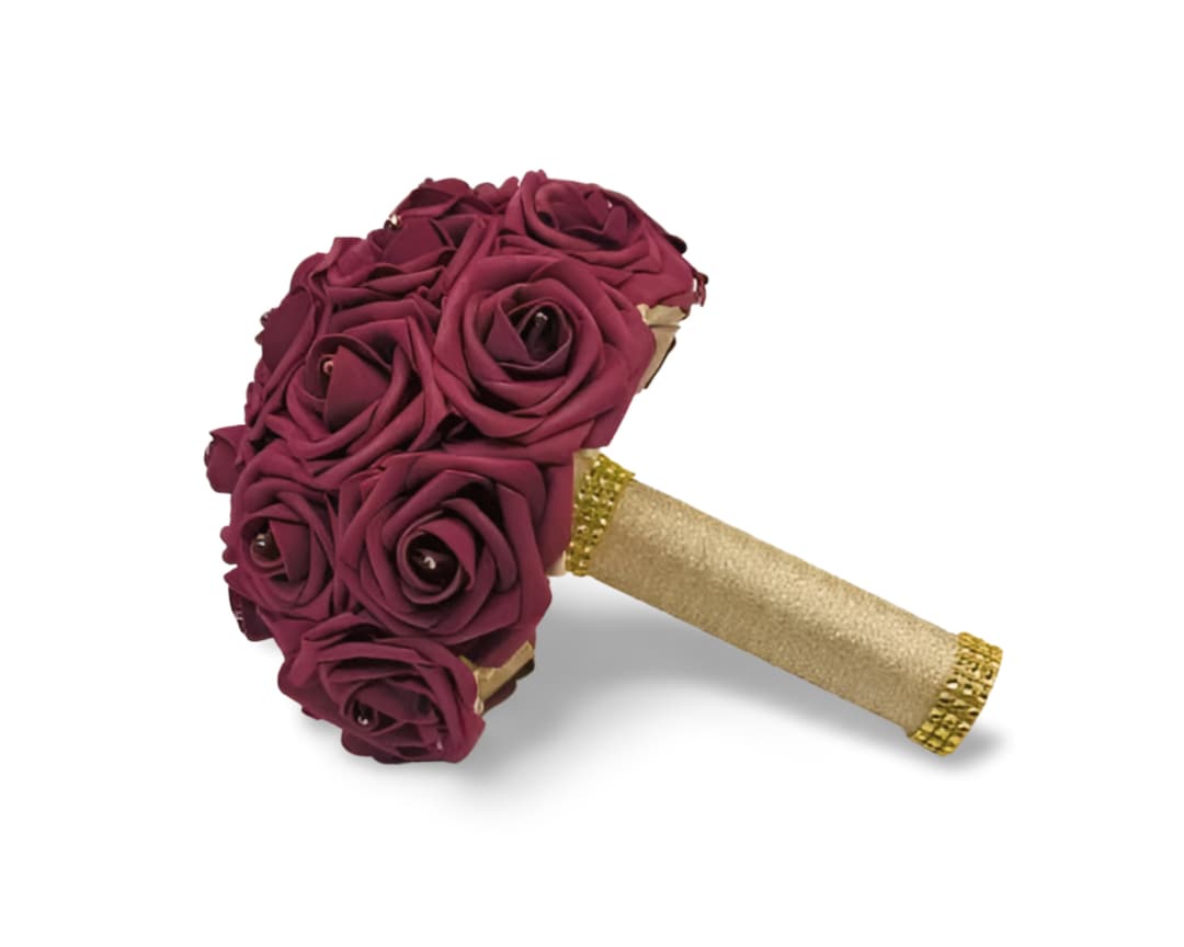 Burgundy and Gold Wedding Bouquet Made With Real Touch Roses, Bridal ...