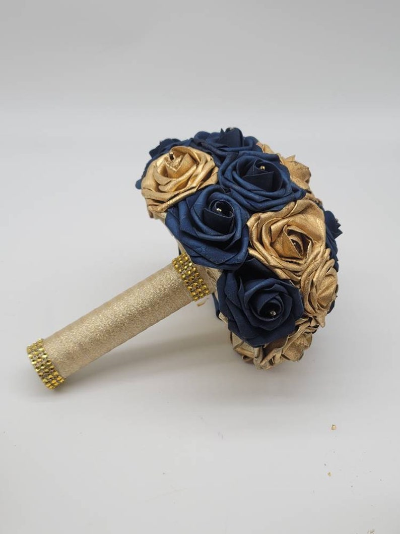 Gold and Navy Wedding Bouquet Made With Real Touch Roses, Bridal ...