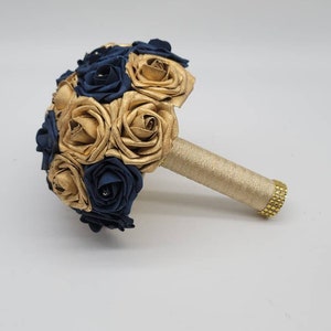 Gold and Navy Wedding Bouquet Made With Real Touch Roses, Bridal ...