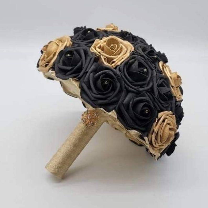 Black and Gold Wedding Bouquet Made With Real Touch Roses, Bridal ...