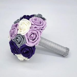 Purple, Ivory & Gray Bridal Bouquet | Real Touch Roses With Rhinestones ...