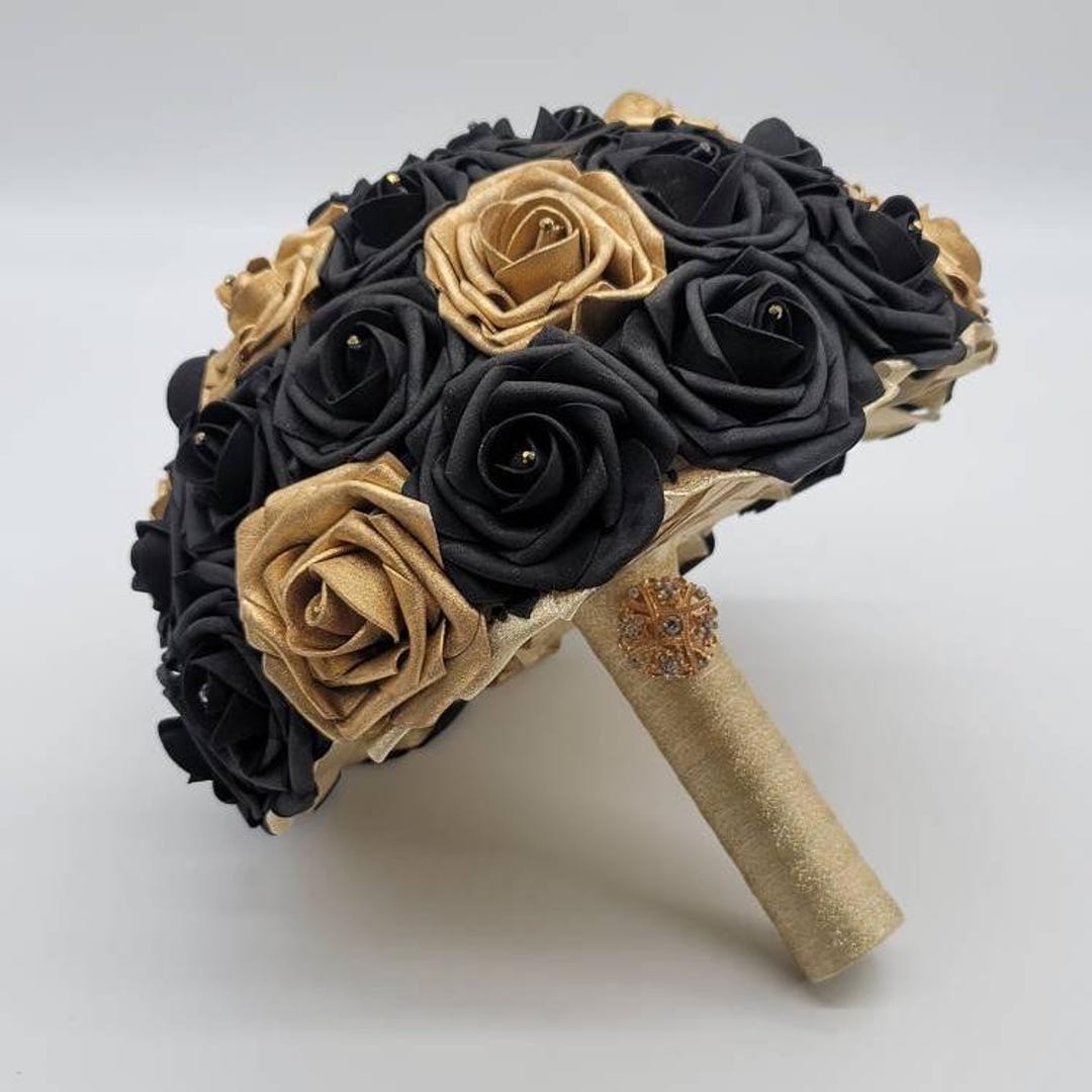 Black and Gold Wedding Bouquet Made With Real Touch Roses, Bridal ...