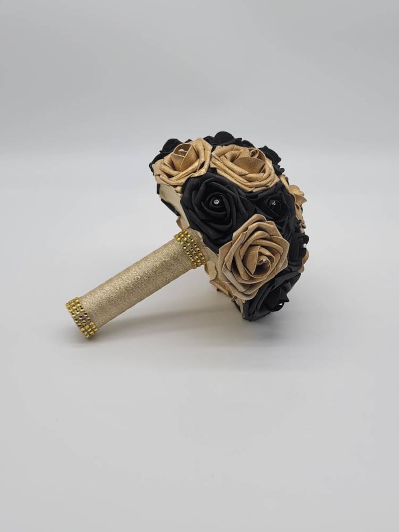 Black and Gold Wedding Bouquet Made With Real Touch Roses, Bridal ...