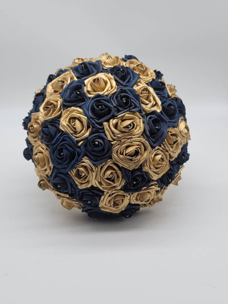 Gold and Navy Wedding Bouquet Made With Real Touch Roses, Bridal ...