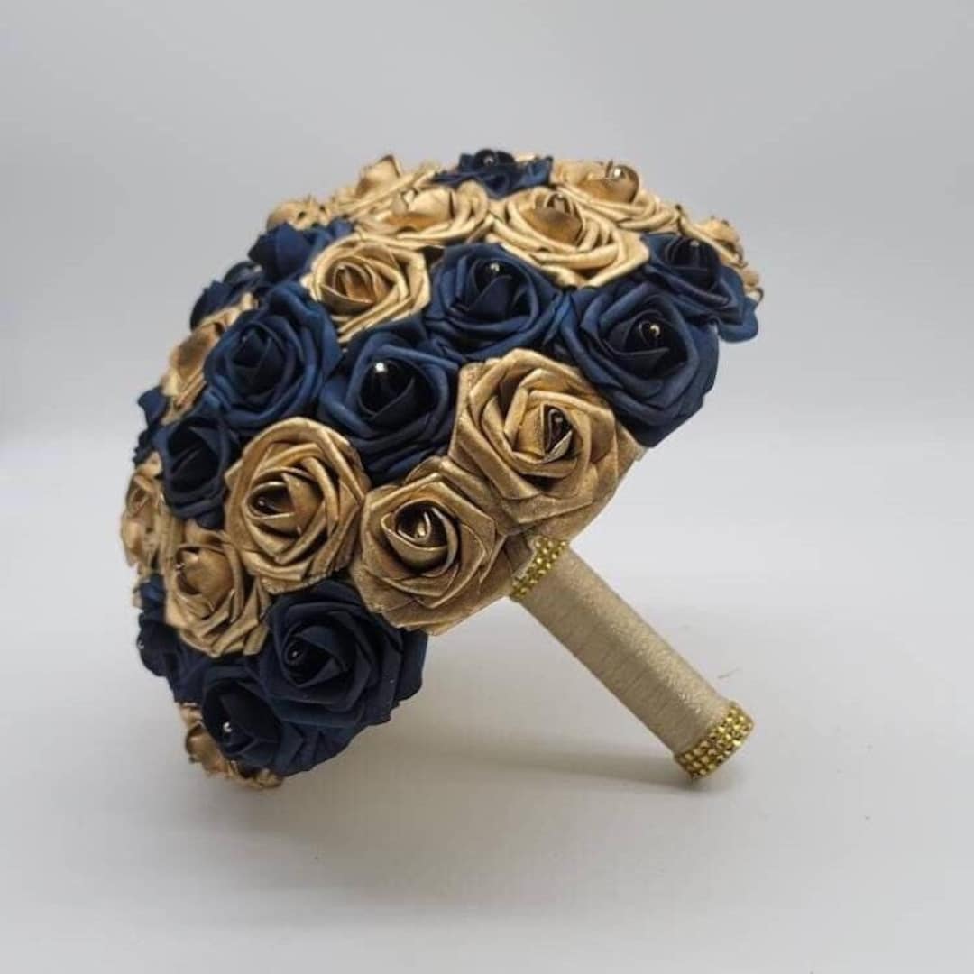 Gold and Navy Wedding Bouquet Made With Real Touch Roses, Bridal ...