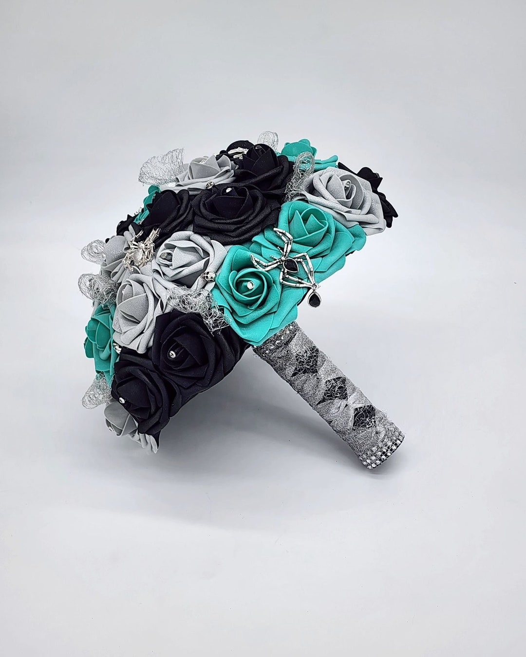 Gothic Skull Black, Silver, and Teal Bridal Bouquet- Bridesmaid and ...