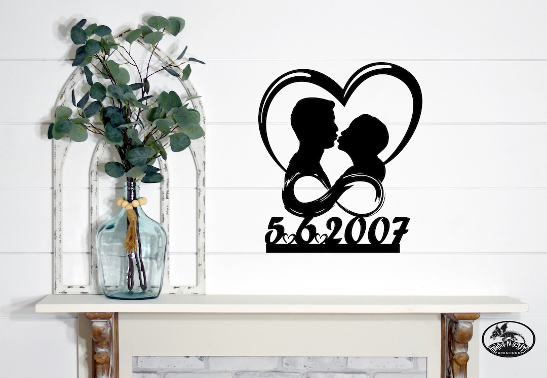 Metal Wall Art Personalized Kissing Couple in Heart, Sign Wedding Date ...