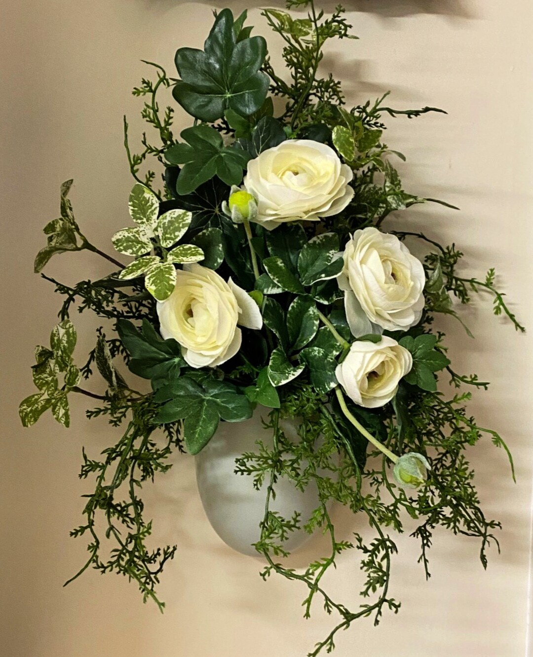 Floral Wall Hanging, White Ranunculus Wall Hanging, Ceramic Wall ...