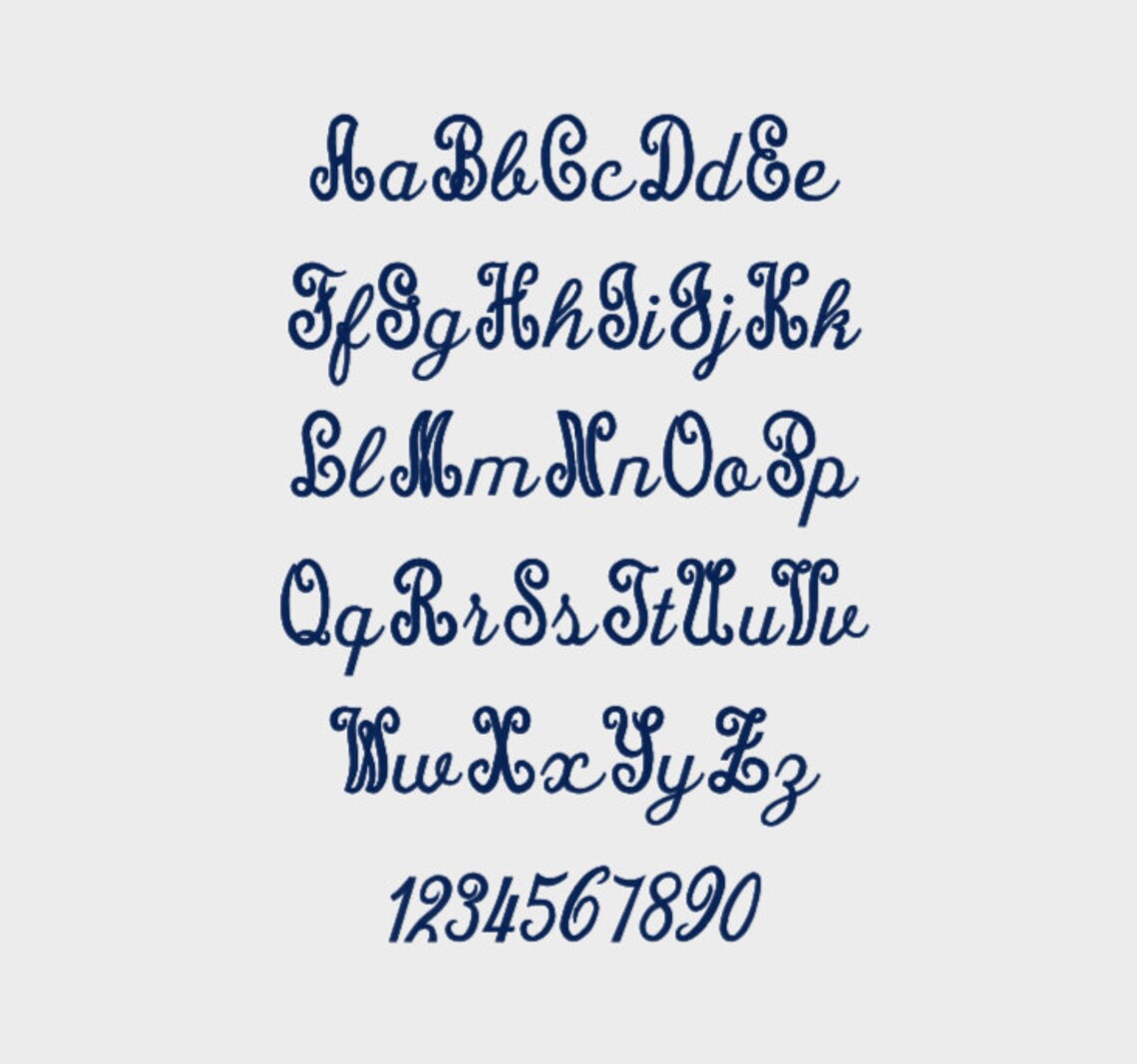 Upright Script Embroidery Machine Font in 6 Sizes (0.5", 1", 1.5", 2 ...