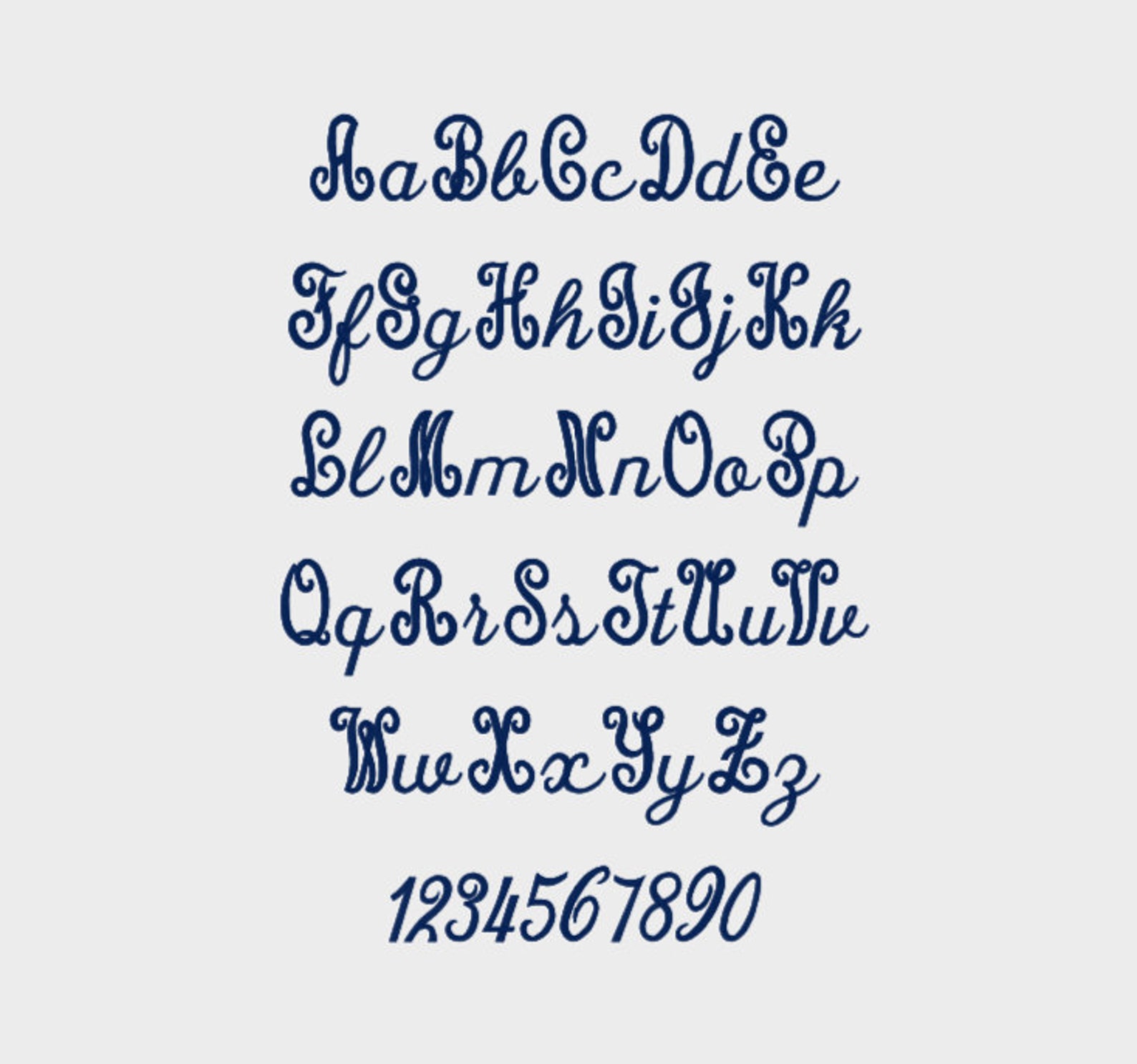 Upright Script Embroidery Machine Font in 6 Sizes (0.5", 1", 1.5", 2 ...