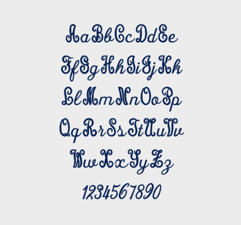 Upright Script Embroidery Machine Font in 6 Sizes (0.5", 1", 1.5", 2 ...