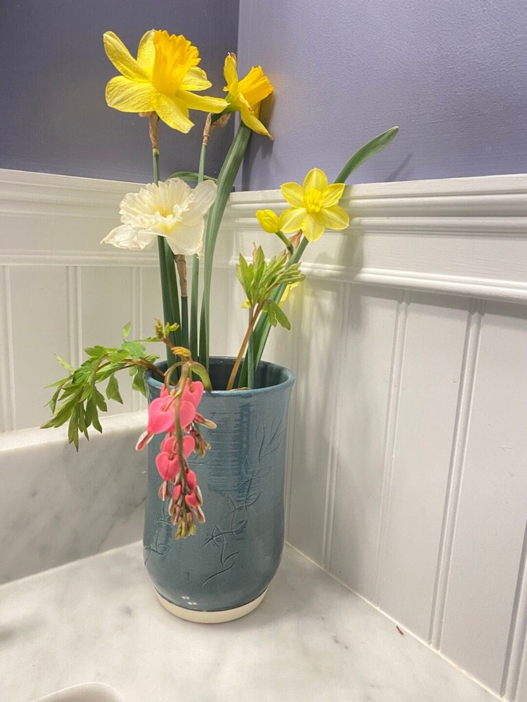 Teal Green Hand-carved Ceramic Vase With Flower Detail, Medium Pottery ...