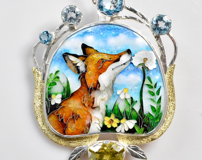 Fox and Dandelion. Georgian Cloisonne Enamel and Sterling Silver. Fox ...