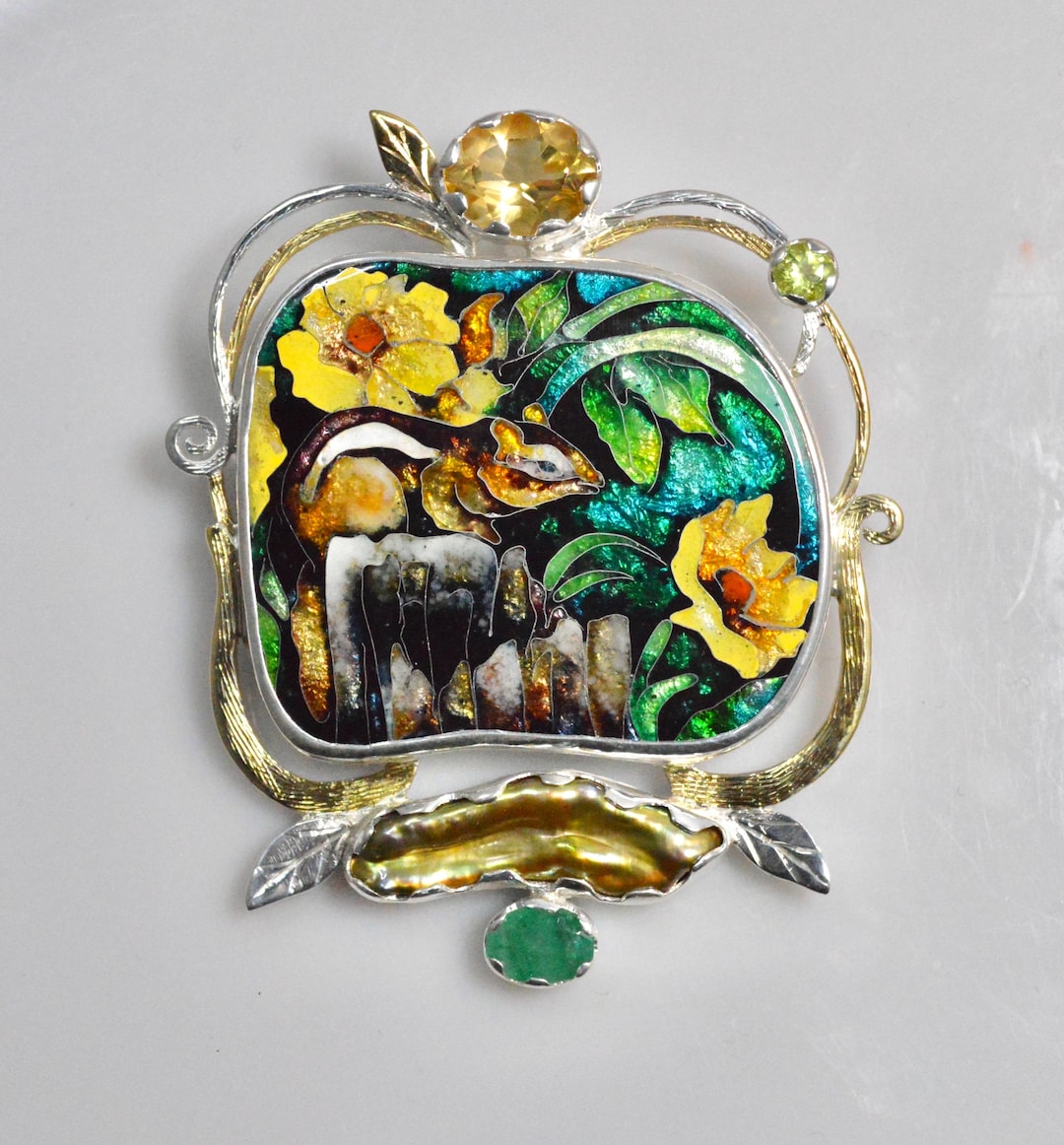 Chipmunk in Flower Garden. Georgian Cloisonne Enamel Pendant. Sterling ...