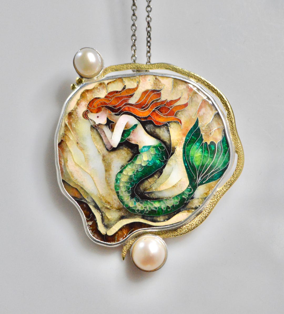 Redhaired Mermaid Sleeping in Clam Shell Pendat With Natural Pearls ...