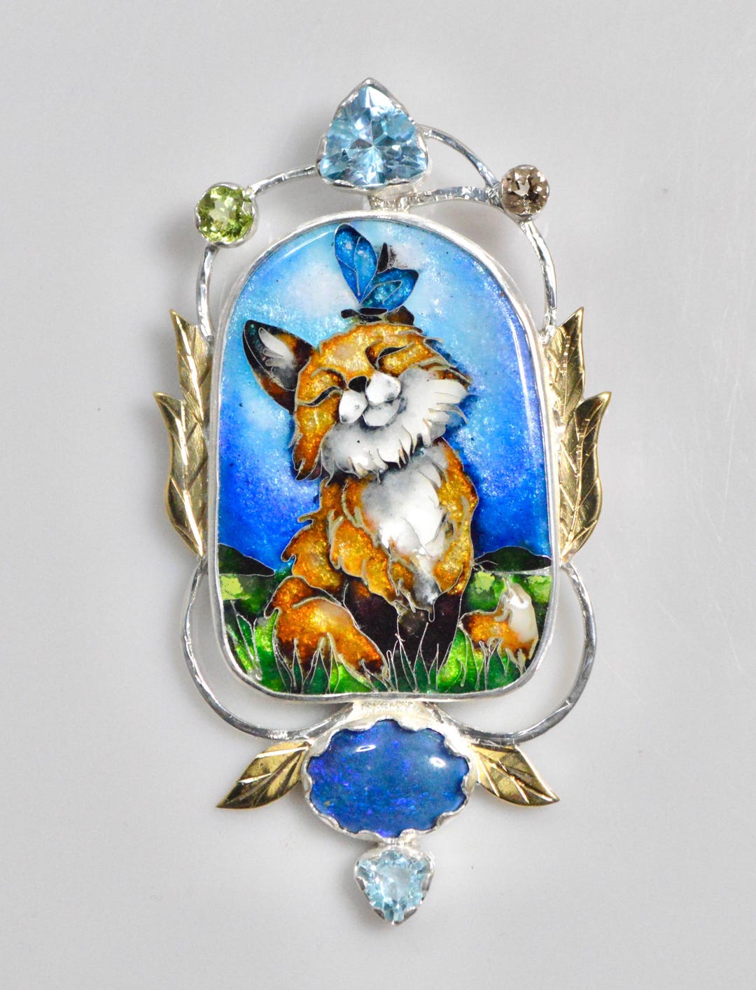 Cute Fox and the Blue Butterfly. Georgian Cloisonne Enamel. Sterling ...