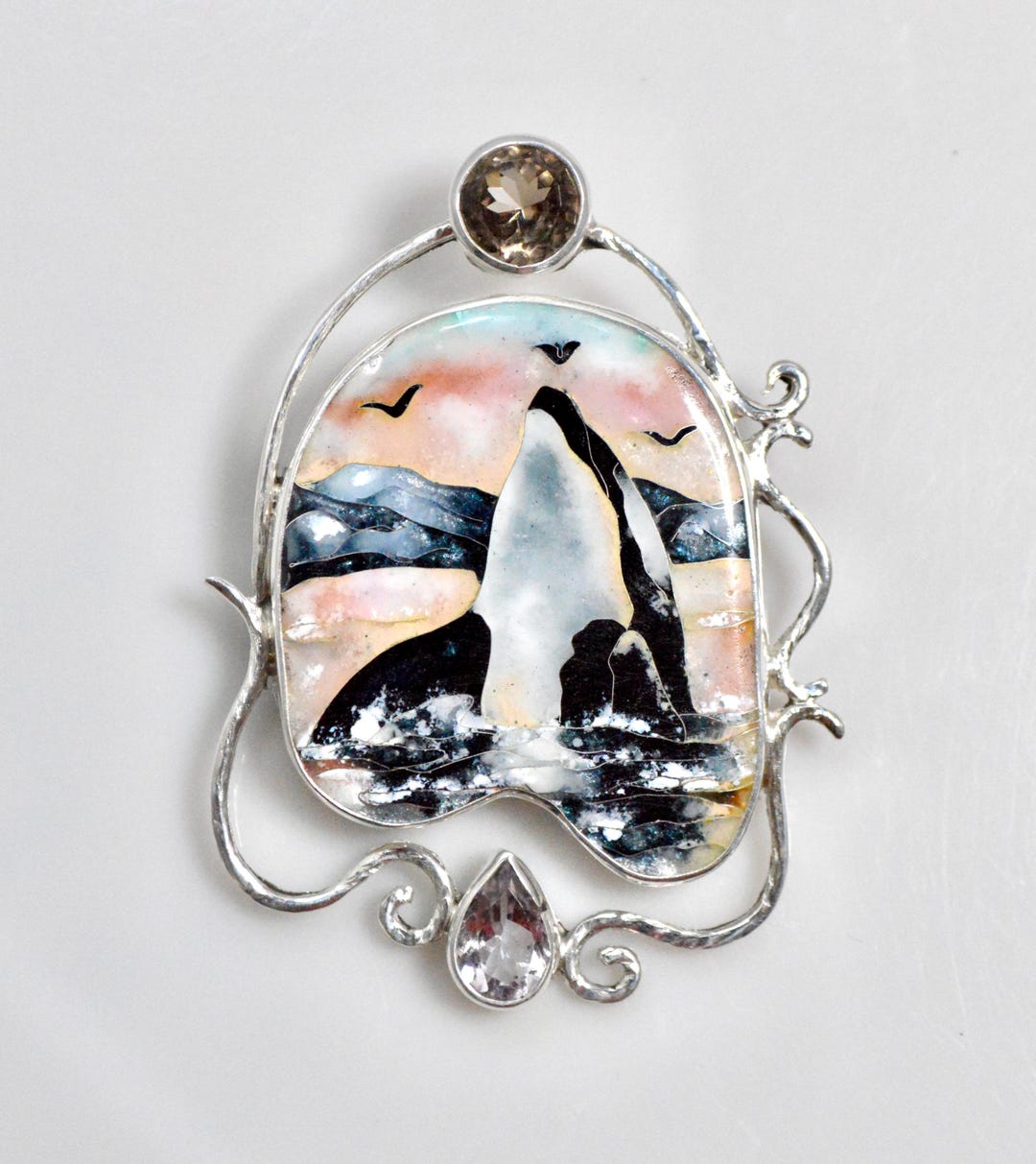 Orca Whale and Ocean Sunset. Georgian Cloisonné Enamel and Sterling ...