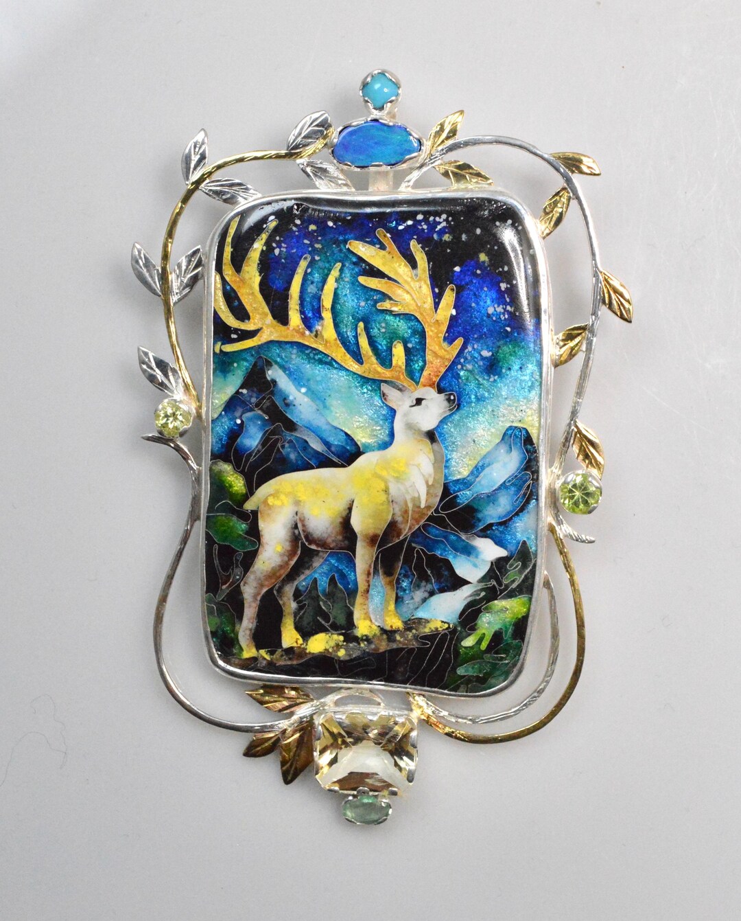White Stag Pendant: Georgian Cloisonné Enamel, Sterling Silver ...