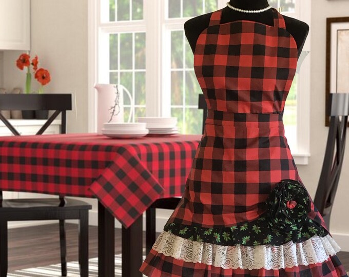 Womens Christmas Apron in Red and Black Buffalo Plaid; Farmhouse Apron ...
