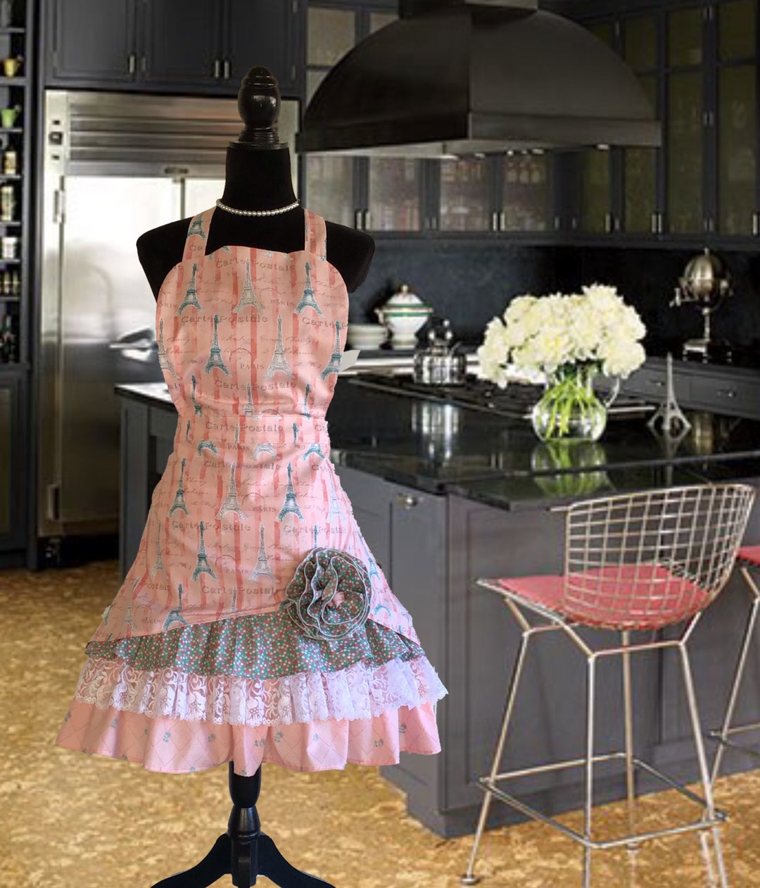 Paris Themed Apron Done in Coral and Blue Apron for Women Coral Apron ...