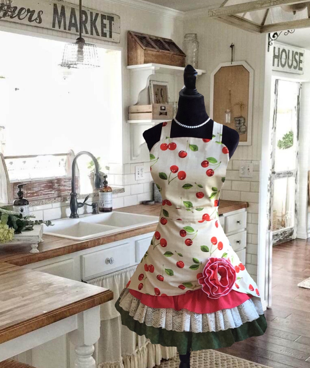 Cute Womens Farmhouse Apron With Cherries Retro Kitchen - Etsy