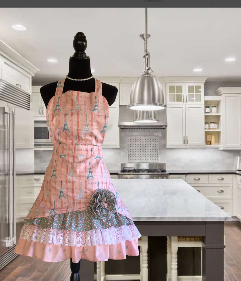 Paris Themed Apron Done in Coral and Blue Apron for Women | Etsy