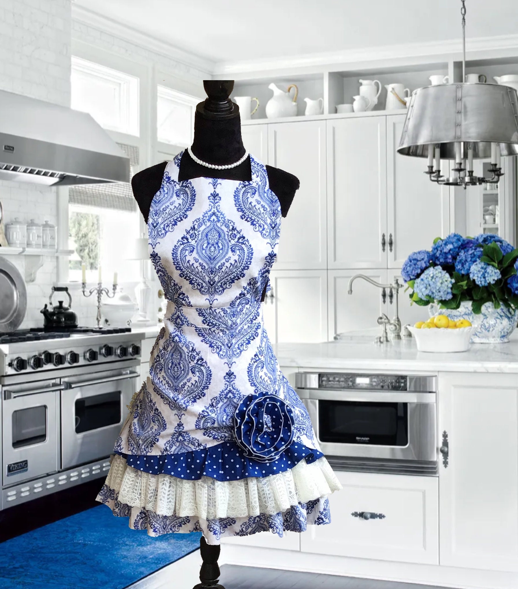 Beautiful Womens Apron in Royal Blue Damask Print Farmhouse | Etsy