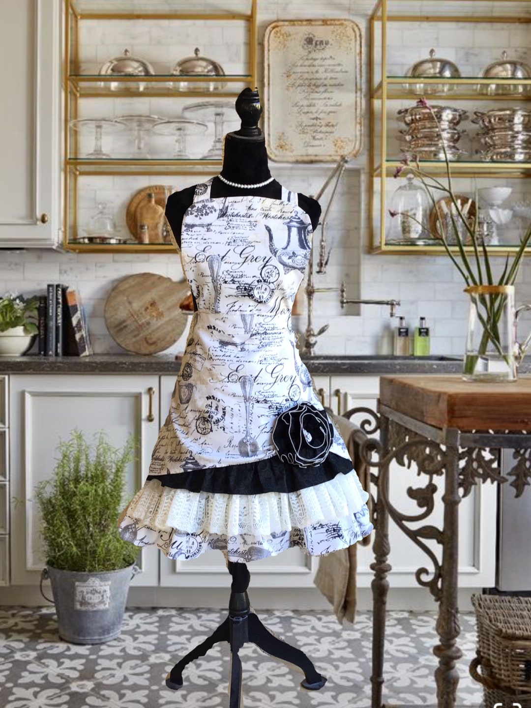 Beautiful Womens French Country Apron in Black and White - Etsy