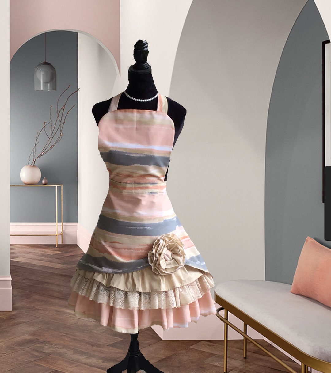 Beautiful Coral and Gray Womens Apron; Sexy Womens Apron; Womens Retro ...