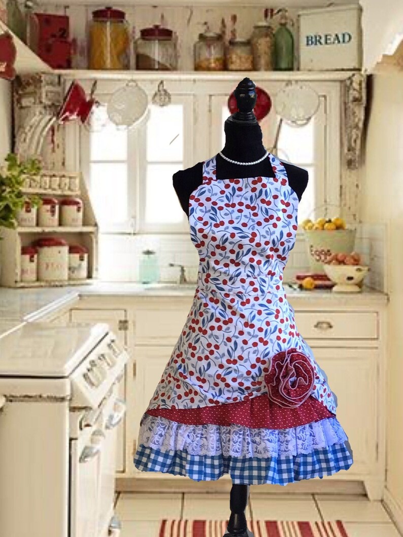 Beautiful Women Apron in Retro Cherry Print Farmhouse Kitchen | Etsy