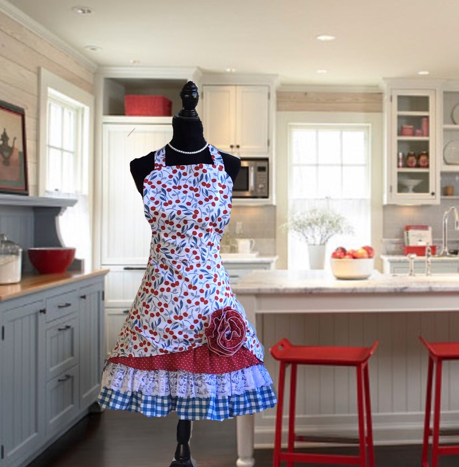 Beautiful Women Apron in Retro Cherry Print Farmhouse Kitchen | Etsy