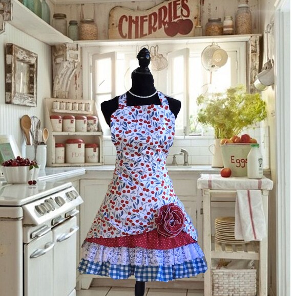 Beautiful Women Apron in Retro Cherry Print Farmhouse Kitchen | Etsy