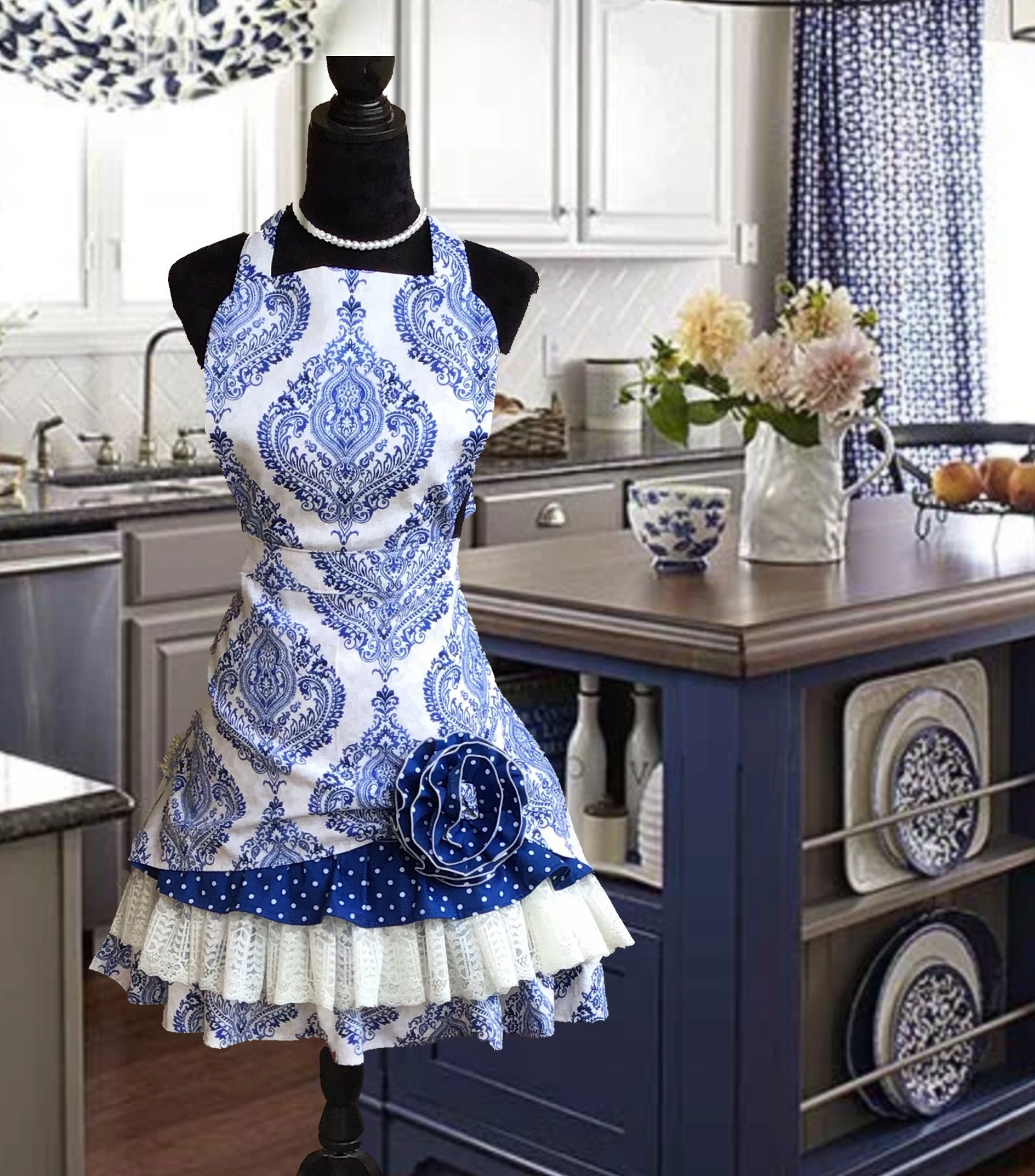 Beautiful Womens Apron in Royal Blue Damask Print Farmhouse | Etsy