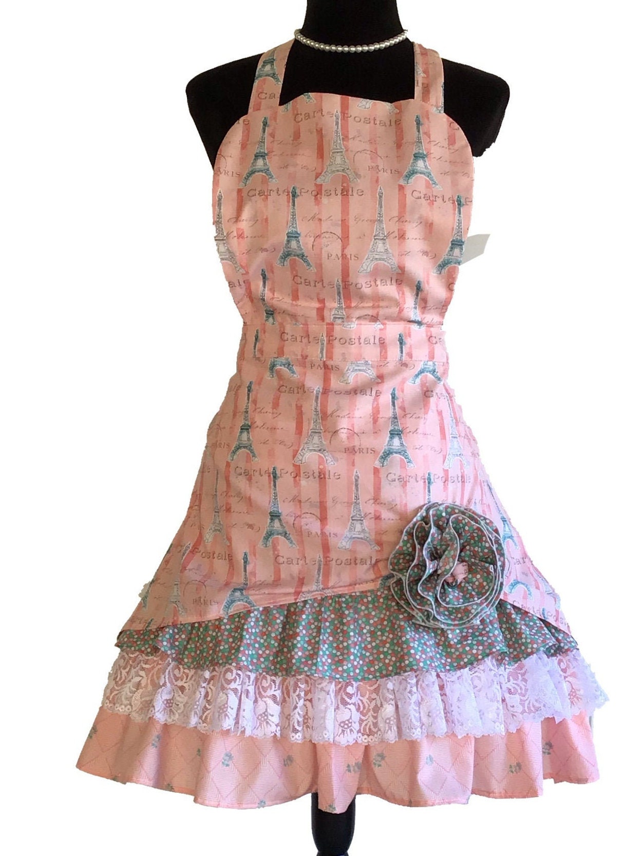 Paris Themed Apron Done in Coral and Blue Apron for Women | Etsy