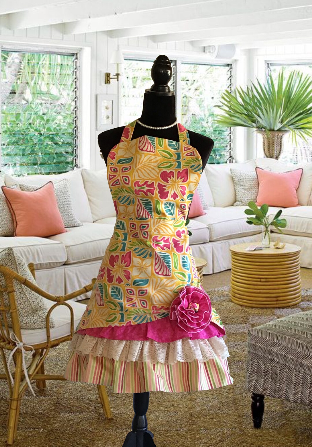 Bright Pink and Yellow Tropical Print Womens Apron Summer Beach Apron ...
