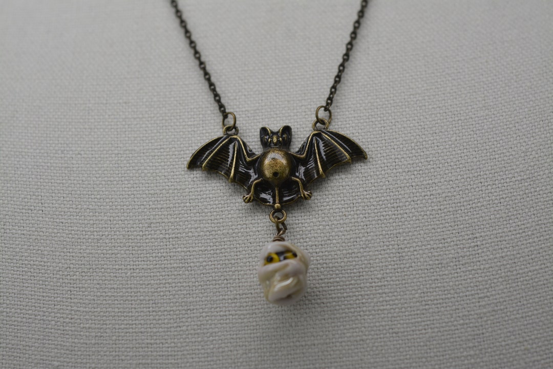 Bat & Lampwork Mummy Halloween Necklace - 20" Chain - Etsy